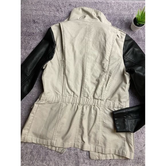 H&M | Jackets & Coats | Hm Beige Utility Jacket Faux Leather Sleeves 4 ...